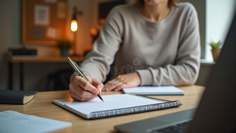 Focused Student Writing Notes in Notebook at Desk with Bulletin Board ...