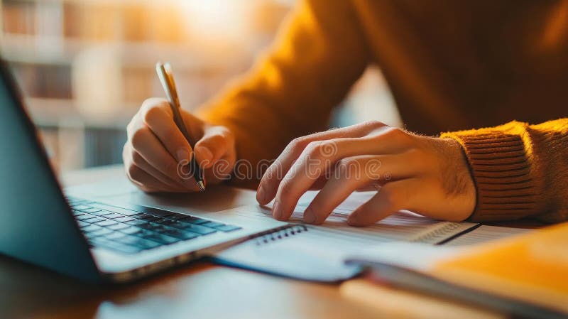 Focused Student Writing Notes while Using Laptop Stock Image - Image of ...