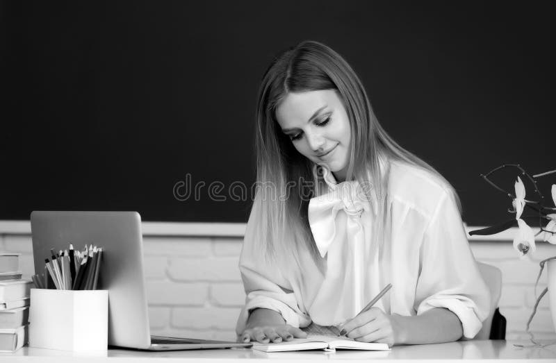 Focused Student, Young Woman, Writing on Notebook Learning Education ...