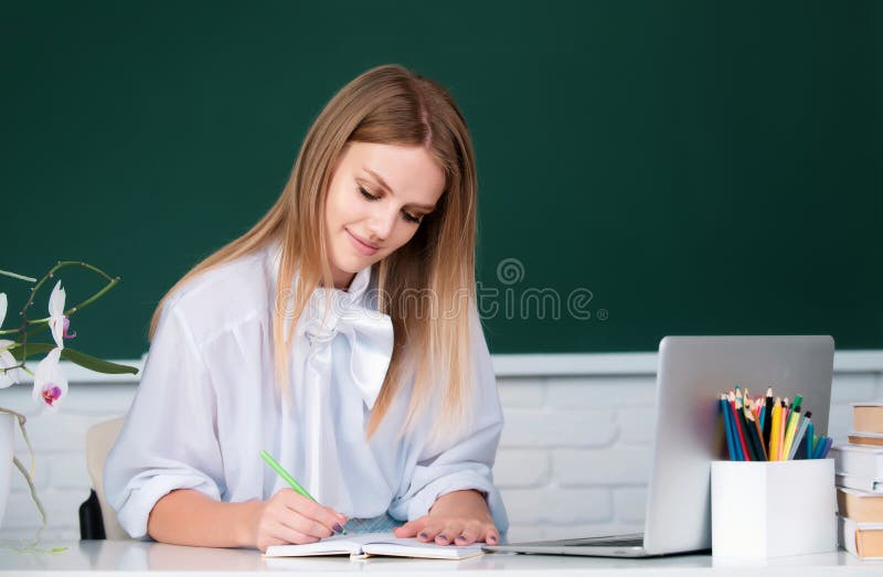 Focused Student, Young Woman, Writing on Notebook Learning Education ...