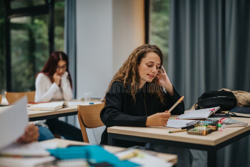 Focused Students Attending Class with Notes and Books Stock Photo ...