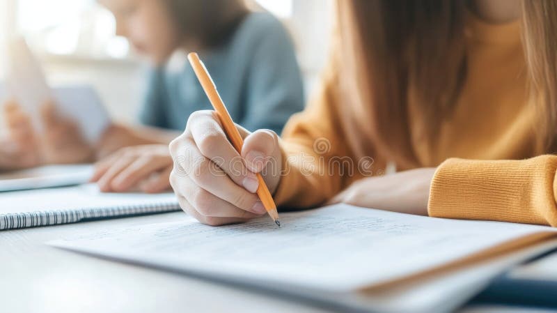 Focused Students in Classroom Completing Assignments with Pencils and ...