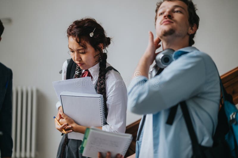 Young Students Studying Together in a School Hallway Setting Stock ...