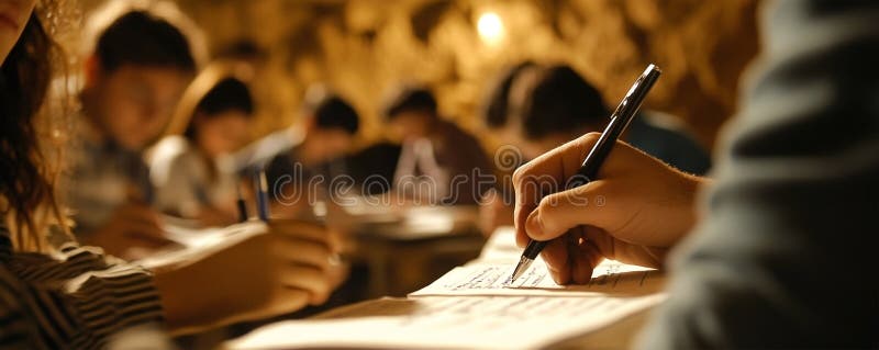 Focused Students Taking an Exam in a Classroom Setting Close-up View ...