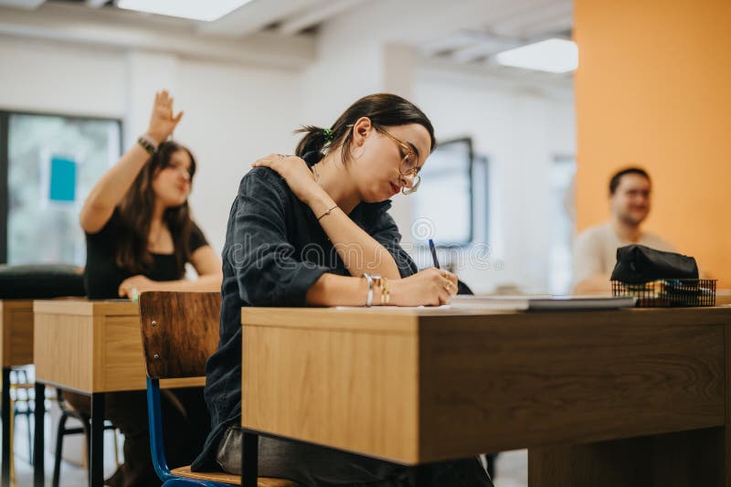 Focused Students Working Together in a Lively Classroom Setting Stock ...