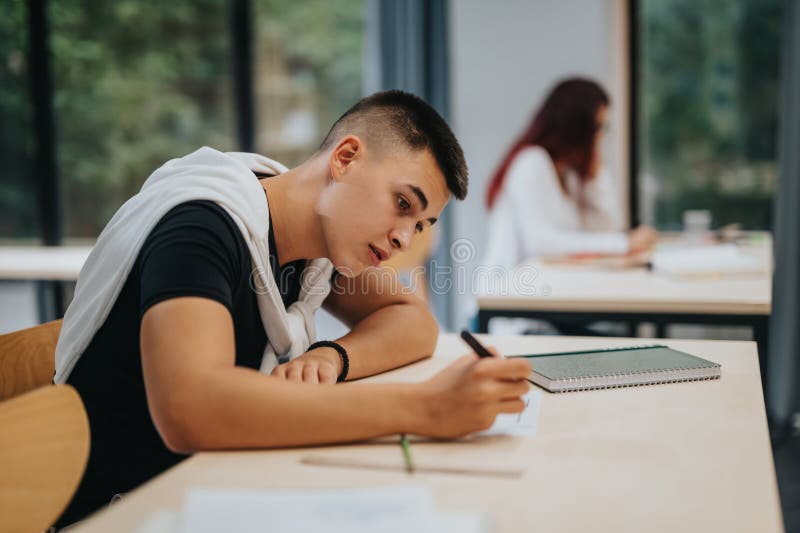Focused Students Writing Notes in Modern Classroom Setting Stock Photo ...