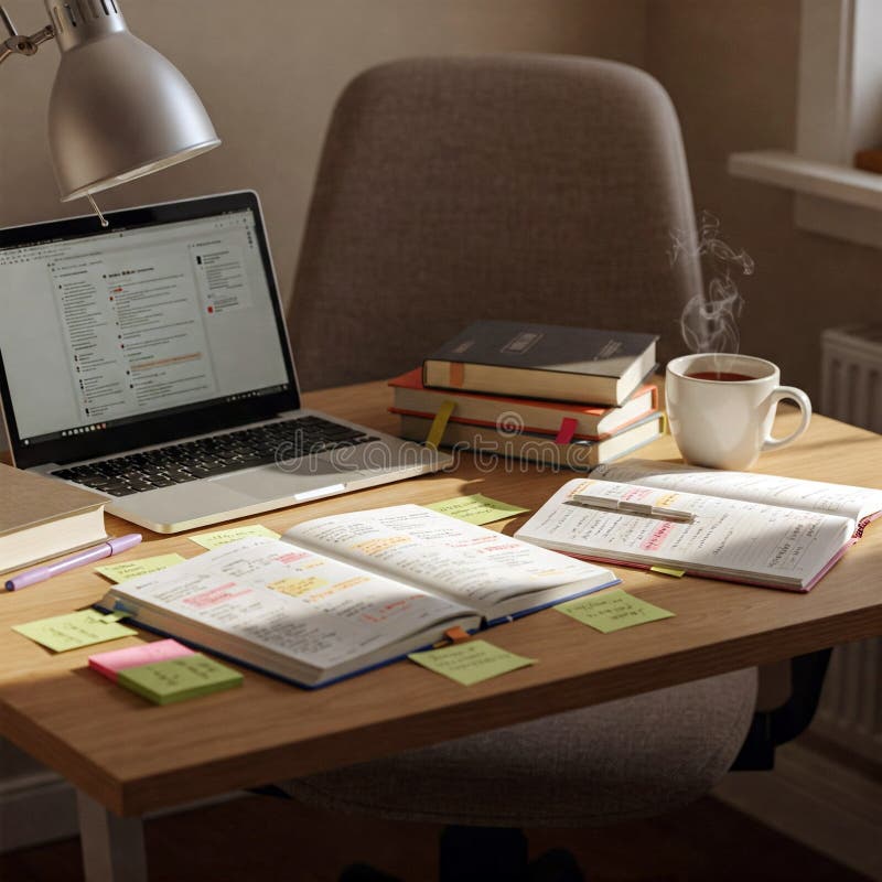 Focused Study Desk Setup - AI Stock Illustration - Illustration of cozy ...