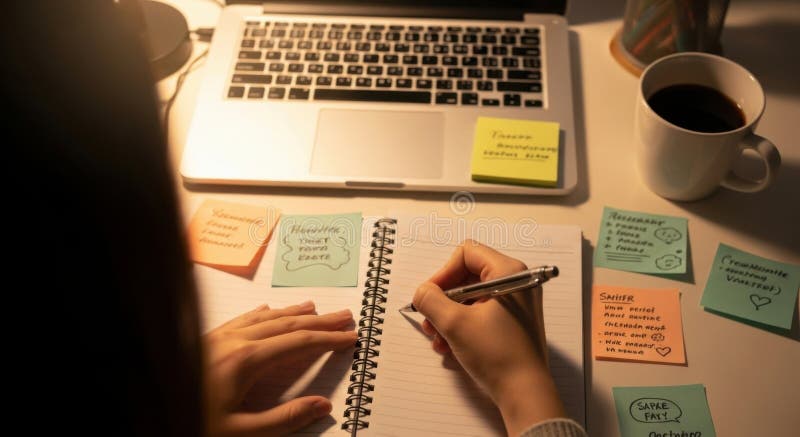 Focused Study Session: Laptop, Notes, Coffee, and Handwritten Ideas ...