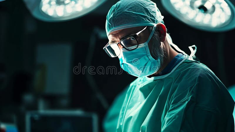 A Focused Surgeon in a Dimly Lit Operating Room, Performing a Delicate ...
