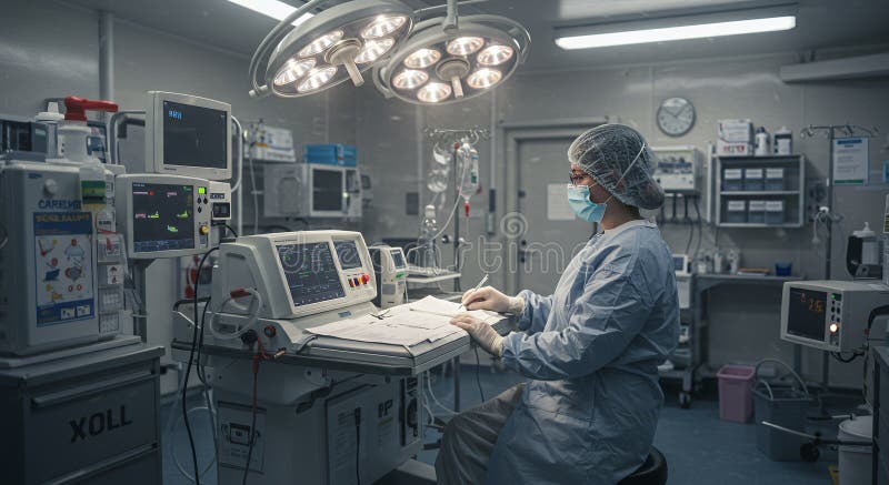 Focused Surgeon Documenting Procedure in Bright Operating Room Stock ...