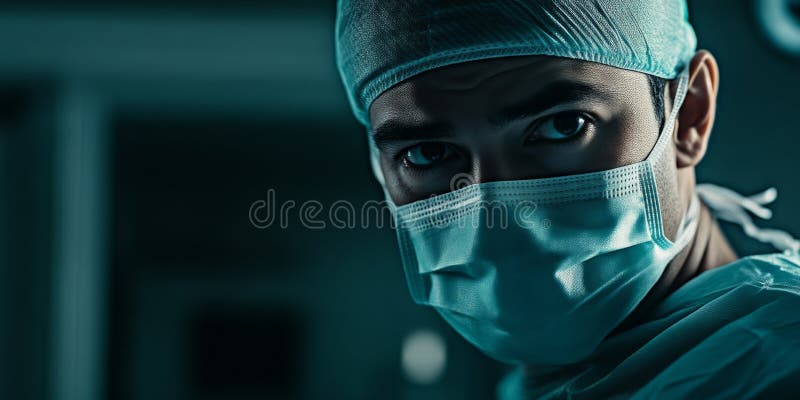 A Focused Surgeon Preparing for a Procedure in a Dimly Lit Operating ...