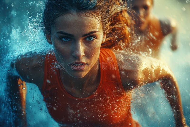 Determined Swimmer Races through Water in Dynamic Moment during an ...
