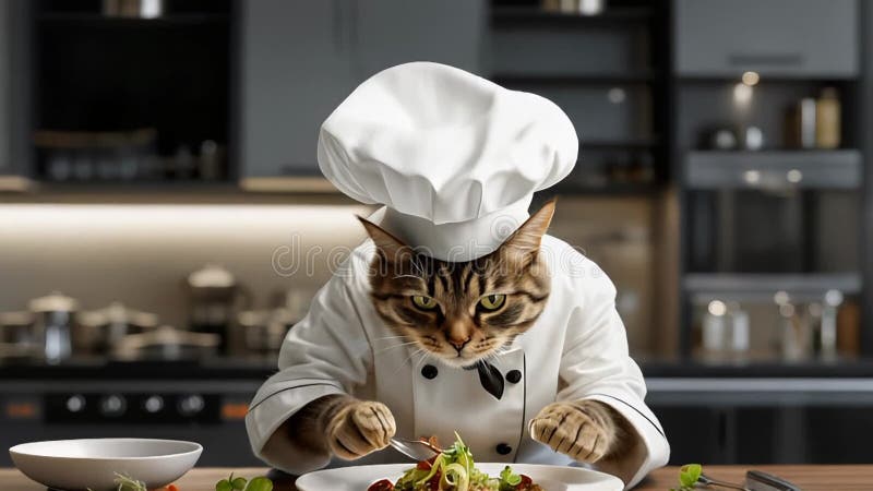 Focused Tabby Cat Chef in a White Uniform Carefully Plating Gourmet ...