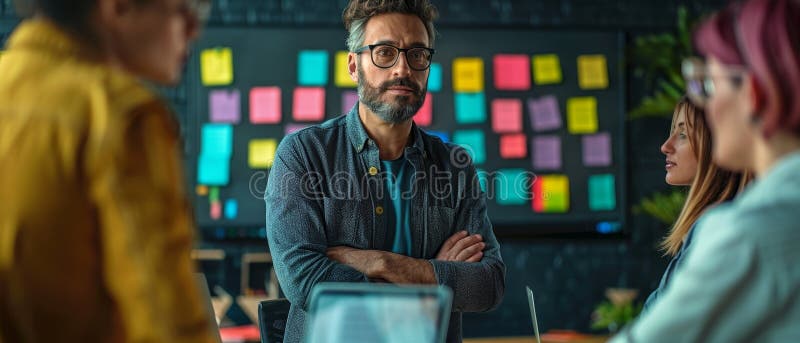 Focused Team Collaborating in a Modern Office with Colorful Sticky ...