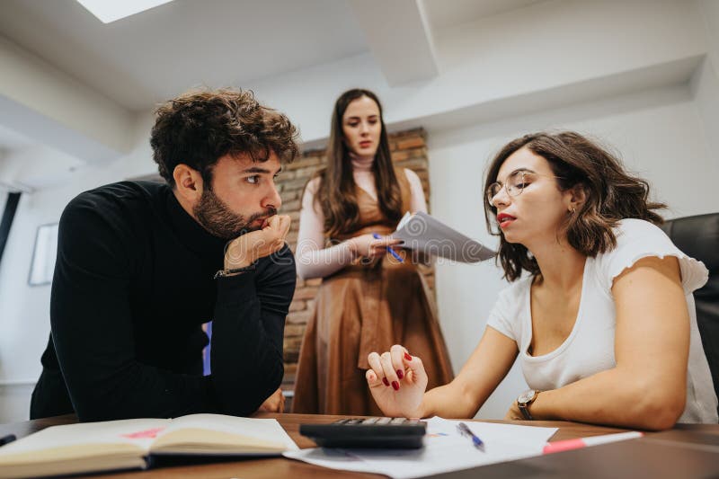 Focused Team in Discussion at a Meeting with Papers and Calculator on ...