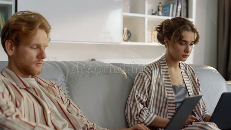 Focused Team Work Remotely from Home Closeup. Two Freelancers Browsing ...