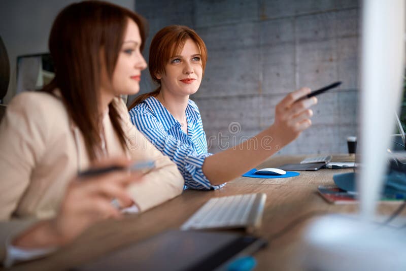 Focused Teamwork Women Designer Working on Computer for New Project ...