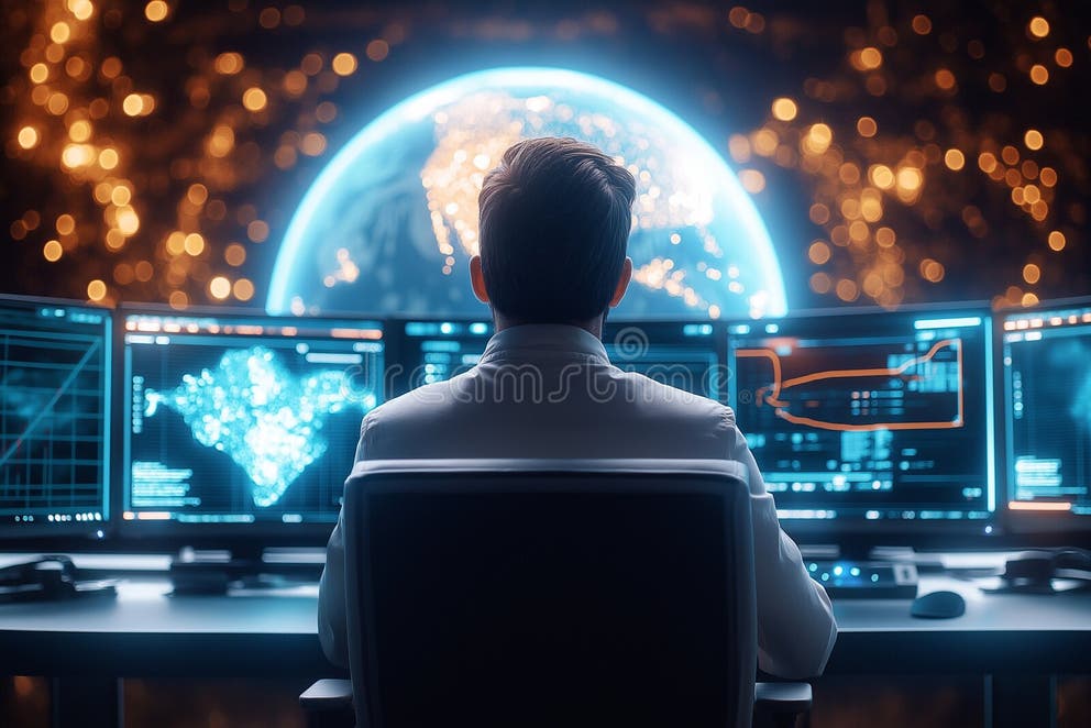Focused Tech Worker Sitting at Advanced Control Panel Analyzing Data with Multiple Screens ...
