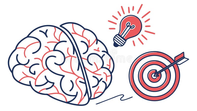 Focused Thinking Concept with Brain, Idea Bulb, and a Target. Vector ...