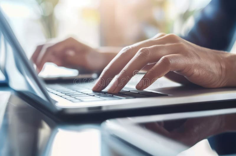 Closeup of Hands Typing on Laptop Keyboard in a Professional Office ...