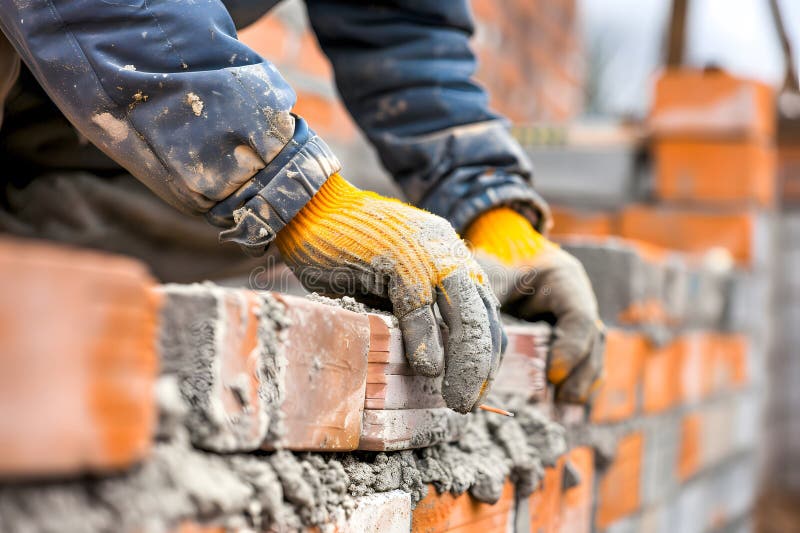 A Focused View of a Mason S Gloved Hands Placing Bricks with Mortar ...