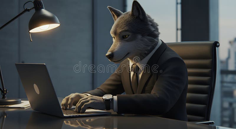 Focused Wolf Executive Working on Laptop in Modern Office Stock ...