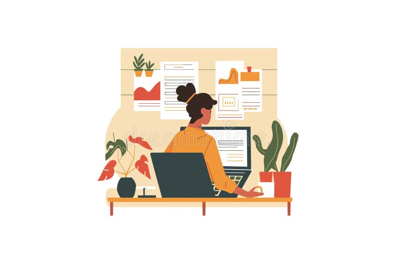 Focused Woman Analyzing Data at Her Desk. Vector Illustration Design ...