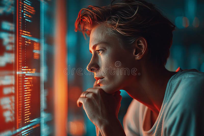 Focused Woman Analyzing Multiple Digital Screens in Dark Control Room ...