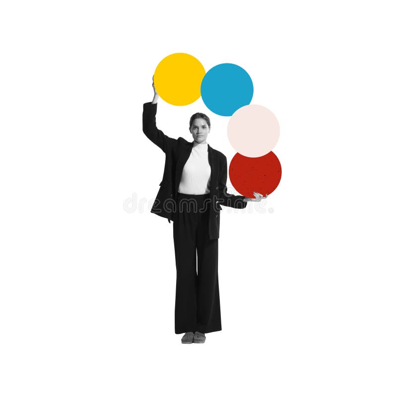 Focused Woman Balancing Colored Circles, Symbolizing the Management ...
