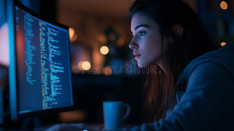 Focused Woman Coding on Computer Screen with Blue Light in a Dark Room ...