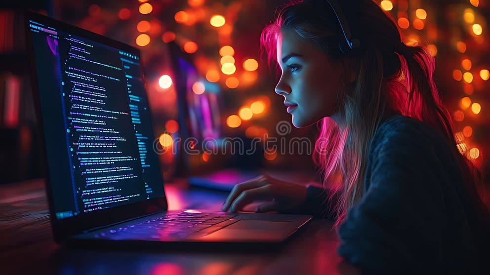 Focused Woman Coding on Laptop at Night Stock Illustration ...