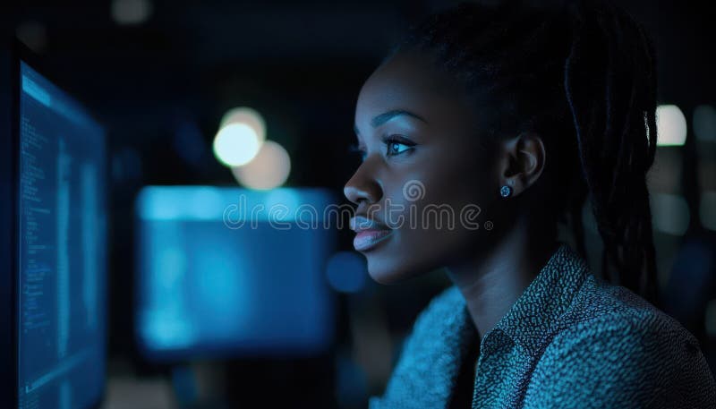 Focused Woman Coding at Night in a Modern Tech Workspace Stock Photo ...