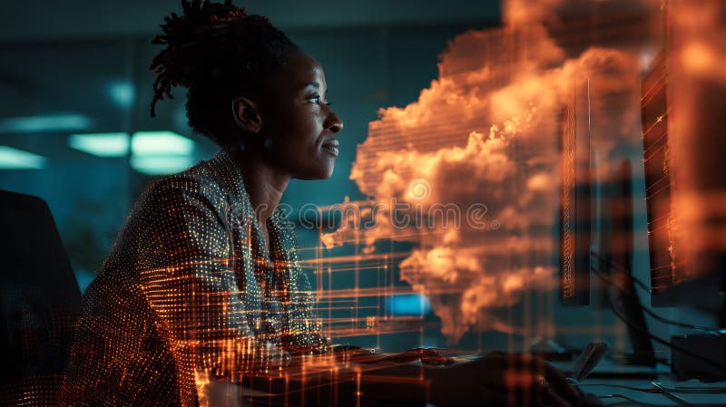 Focused Woman Engineer Working on Digital Design Project at Night Stock ...