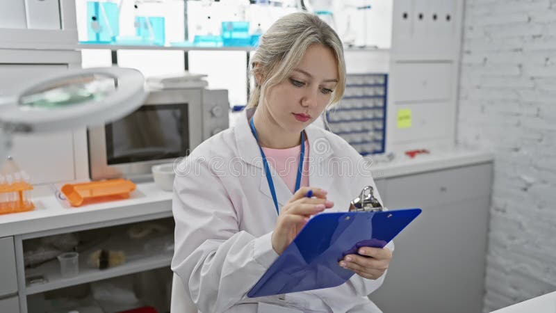 A Focused Woman in a Lab Coat Writing on a Clipboard in a Modern ...