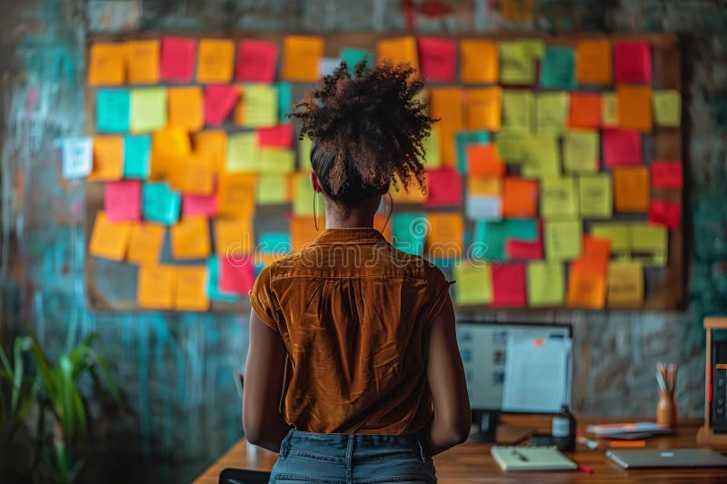 Woman Planning with Colourful Sticky Notes on Wall Stock Photo - Image ...