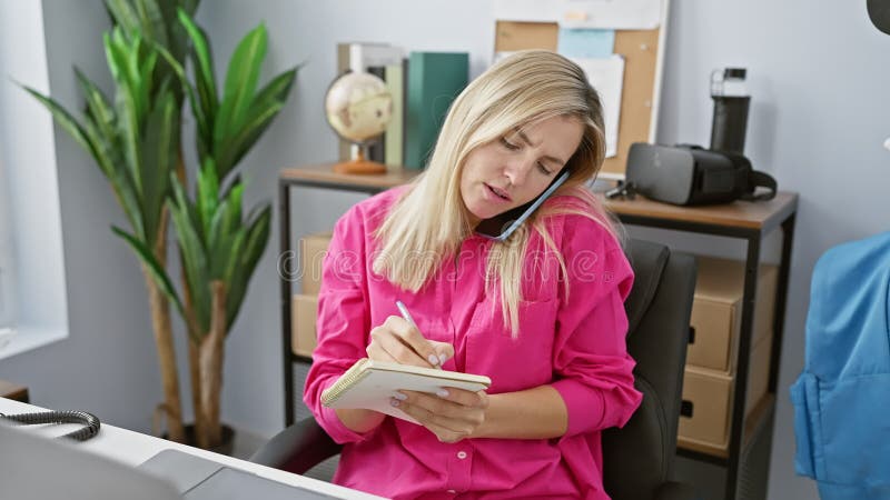 A Focused Woman in a Pink Shirt Multitasks in an Office, Phoning and ...