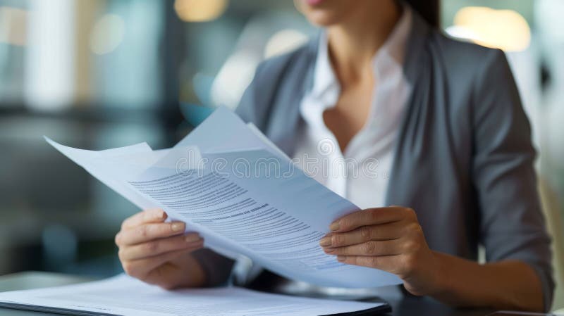 A Focused Woman Reading Documents in a Bright Office Setting Stock ...