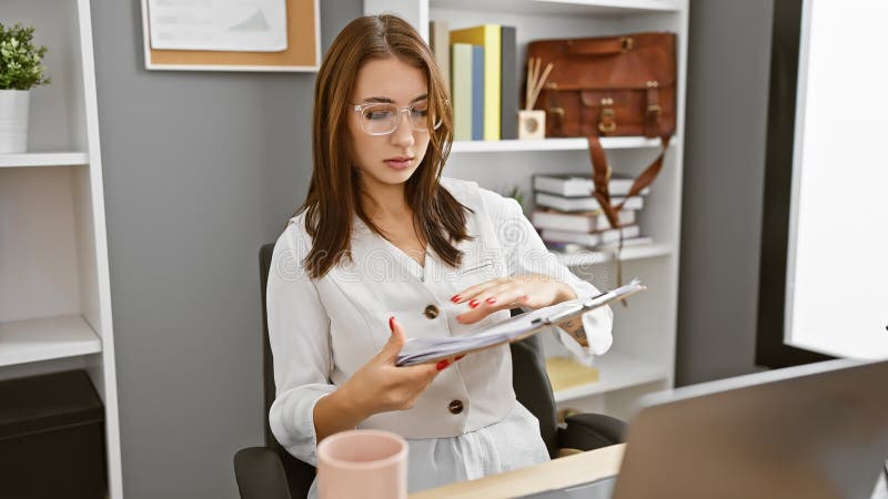 Focused Woman Reading Documents in a Modern Office Stock Image - Image ...