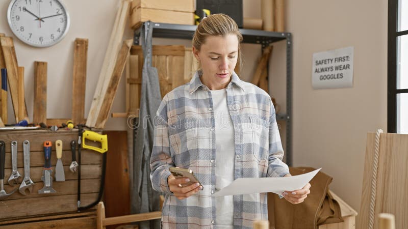 A Focused Woman Reads a Document in a Woodworking Workshop, with Tools ...