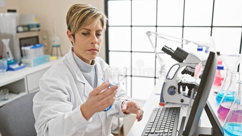 A Focused Woman Scientist Analyzing a Substance in a Beaker at a ...