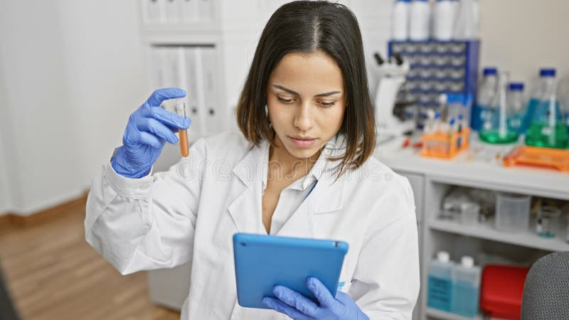 Focused Woman Scientist Analyzing Test Tube in Laboratory Setting with ...