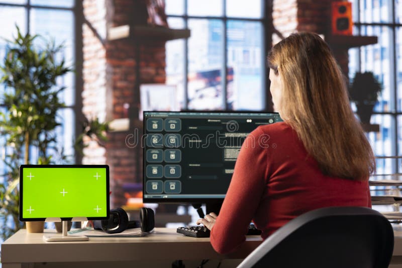 Focused Woman Using AI Chatbot To Generate Real Time Responses Stock ...