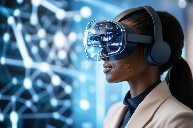 A Focused Woman Wearing Virtual Reality Goggles Experiences Immersive ...