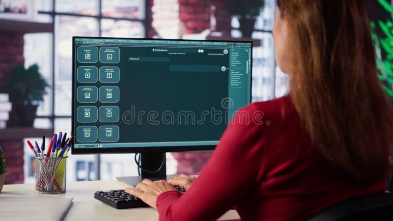 Focused Woman Working with an AI Chatbot on Her Desktop Computer Stock ...