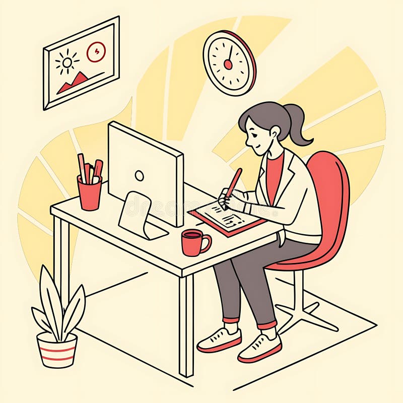 Focused Woman Writing Notes at Desk with Computer Stock Image - Image ...