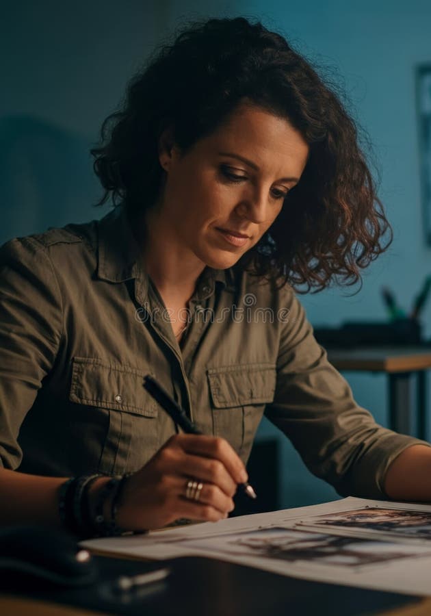 Focused Woman Writing Notes at Desk in Creative Work Environment Stock ...