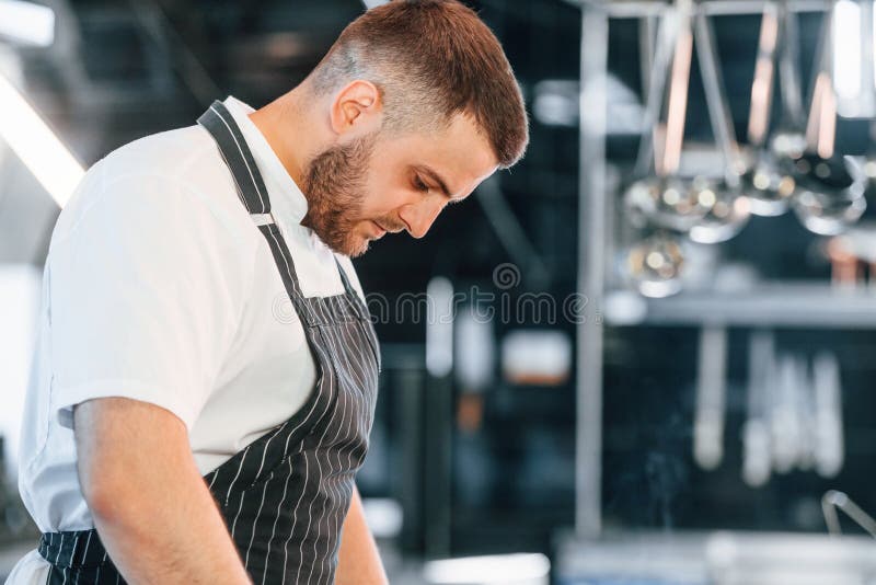 Focused on Work. Chef is on the Kitchen Preparing Food Stock Photo ...