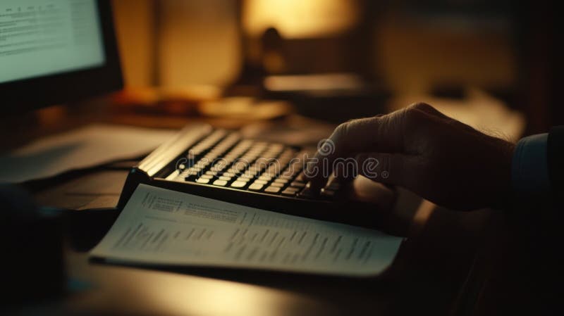 Focused Work at Desk with Computer and Document Close-Up Stock Image ...