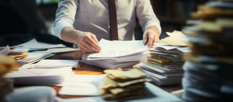 Focused Work Employee Hands Sift through Stacks of Business Documents ...