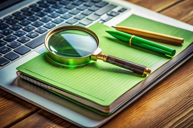 Focused Work Session Closeup of a Laptop Notepad Pen and Magnifying ...